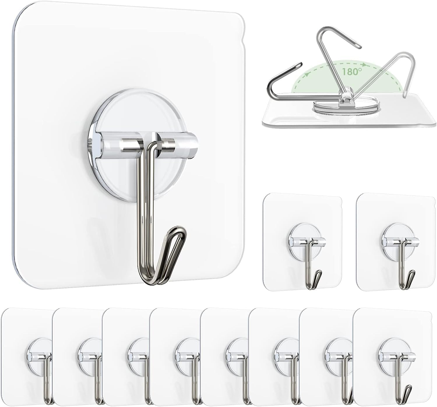 Zulaxy 10 Pack Wall Hanging Hooks for Wall without Drilling, Self Adhesive Hooks for Wall Heavy Duty Strong Nail Free, Kitchen Accessories Items (Hanging Hook, Transparent) Stainless Steel