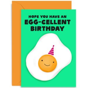 old english co. cute birthday card for him her - 'egg-cellent birthday' egg pun humour card for men and women - funny birthday card for sister, brother, cousin, friend | blank inside with envelope