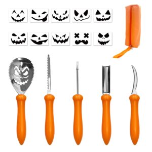 pumpkin carving kit, pumpkin carving tools kit knife for adults with 10 stencils patterns, professional heavy duty pumpkin carving set for family party decorations