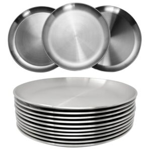 cambuy stainless steel plates 9 inch 304 metal lightweight unbreakable dinner dishes plates set non-toxin dishwasher safe bpa free and healthy (10 pcs)