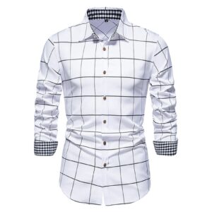 men's long sleeve striped dress shirts classic plaid button down shirts slim fit turn-down collar shirt top (white,small)