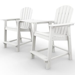 yefu balcony chair, tall adirondack chair set of 2 with connecting tray, poly lumber adirondack chair bar stools, patio stools, 380lbs, weather resistant for outdoor deck lawn pool backyard-white