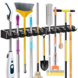 2 pack mop and broom holder, wall mounted garden tool organizer, ideal broom hanger tool rack storage for kitchen, garage, laundry room - 5 position 6 hooks (black)