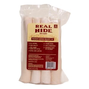 real hide | all natural dog chew treats - premium rawhide rolls, 9-10 inch - long lasting grass fed free range beef hide - medium/large dogs - 4 count