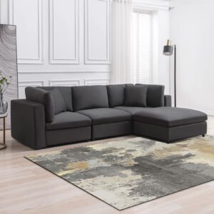 balus modern convertible sectional sofa,3 seat sofa+1 chaise, l shaped corner sleeper sofa couch,modular sectional couches with wood legs for living room, dark grey