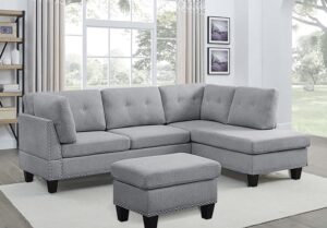 beey modular sectional sofa couch with reversible chaise, 3-seat l shaped sectional couch with ottoman for living room, right facing couch, light grey