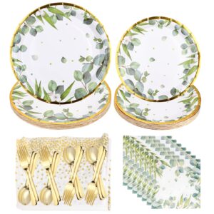 yhomu 126pcs sage green party supplies greenery paper plates napkins cutleries kit, spring eucalyptus green leaves disposable dinnerware decor for wedding birthday baby shower