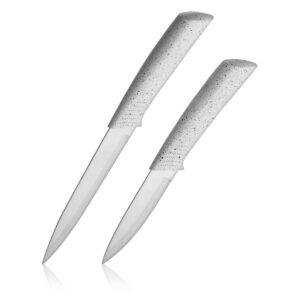 bino 2-piece stainless steel paring knife & utility knife with blade guards set - speckled white | sharp knife set with good grip | cooking knives | peeling & cutting fruits & vegetables | meal prep