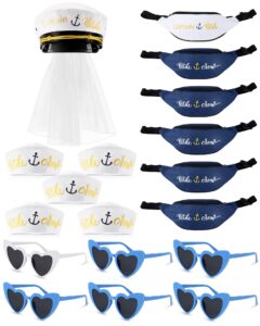 6 sets nautical bridal shower hat set - women's bride captain hat with veil, crew sailor hat, fanny pack, heart sunglasses for bachelorette party boat supplies