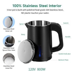 Small Electric Tea Kettle Stainless Steel, 0.8L Portable Mini Hot Water Boiler Heater, Travel Electric Coffee Kettle with Auto Shut-Off & Boil Dry Protection (Black)