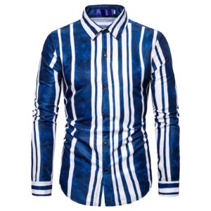 men's long sleeve stylish dress shirts striped casual button down shirts regular fit turn-down collar shirt top (dark blue,3x-large)