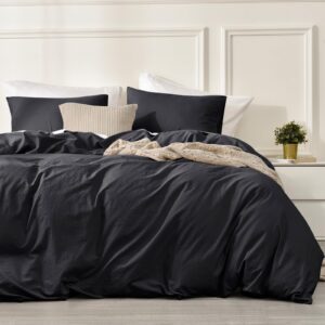 phf 100% washed cotton duvet cover king size, ultra soft cotton linen tassel like duvet cover set, 3pcs breathable durable duvet cover with pillowcases for all seasons, 104"x90", black