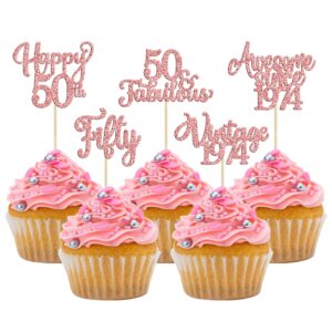 30pcs vintage 1974 cupcake toppers glitter fifty 50 fabulous happy 50th birthday cupcake picks cheers to 50 years for 50th birthday anniversary party cake decorations supplies rose gold