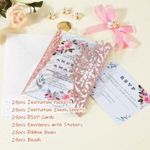 Maffily Glitter Laser Cut Wedding Invitations With Envelopes And Rsvp Cards Blank Inner Sheet Pink Gold Wedding Invitation Personalized 25Pcs For Engagement Quinceanera Bridal Baby Shower Birthday