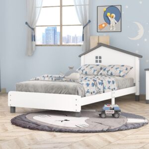 merax kids mordern house beds frame twin, wood low bed for boys,girls, no box spring need (twin, white+gray)