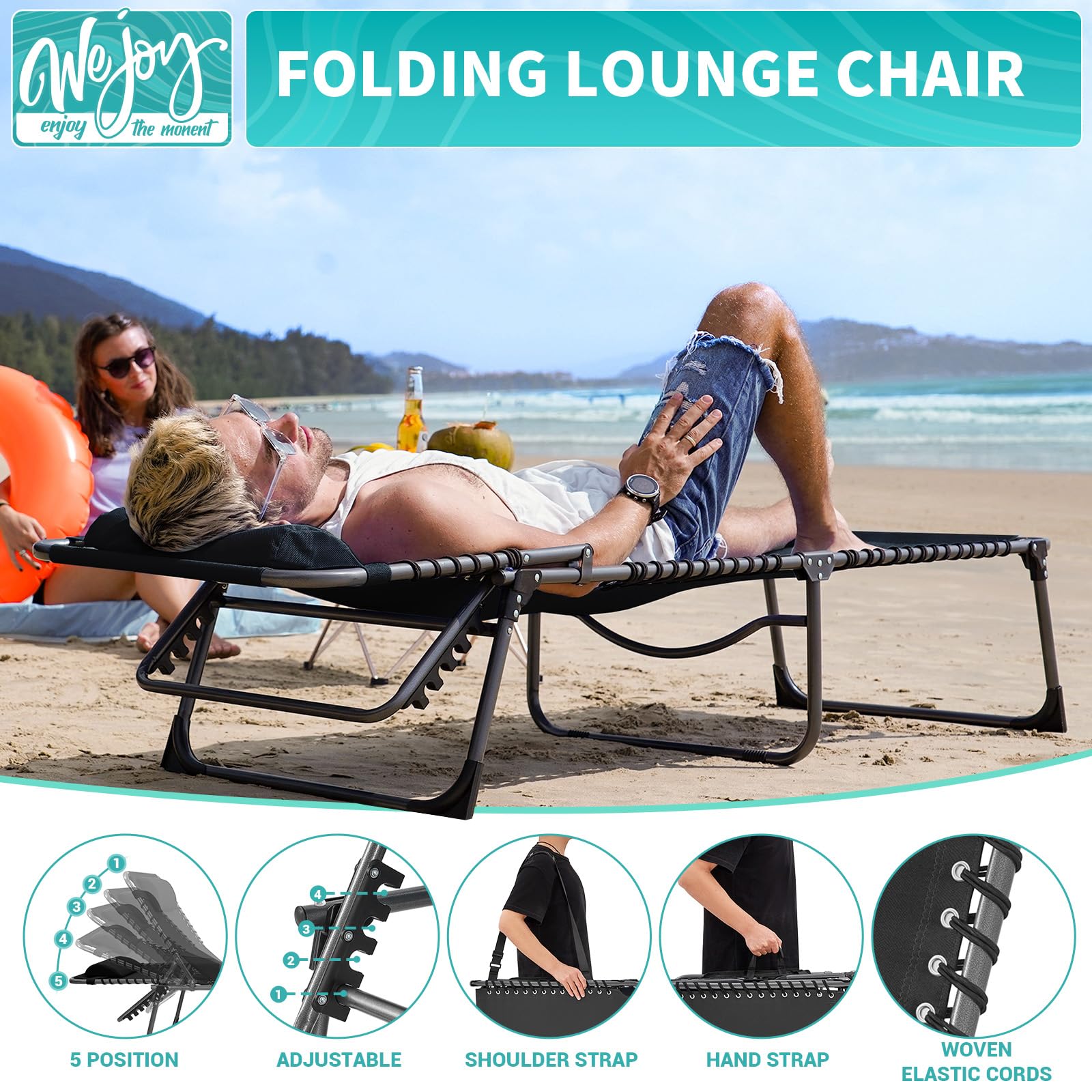 #WEJOY Outdoor Folding Chaise Lounge Chair for Outside, Patio, Beach, Poolside, Sunbathing, Adjustable 5-Position Reclining Chairs, Heavy Duty Camping Cot with Shoulder Strap and Pillow, Black