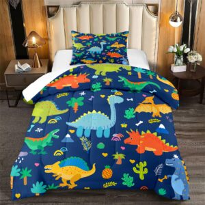 cartoon dinosaur comforter set for kids dark blue dinosaur twin comforter set for boys dinosaur kids bedding set soft breathable twin dinosaur quilt with 1 pillowcase for all-season, twin size