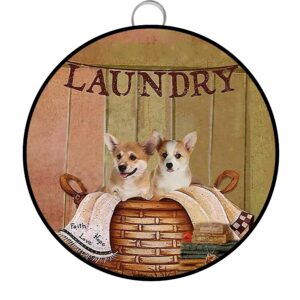 habilboi corgi laundry wash and dry poster decor round tin sign wall decor laundry sign for home laundry room bars decor gifts funny door art wall decor 6x6inch