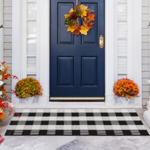 black and white buffalo plaid rug - 24x71- cotton buffalo plaid rug for outdoor/indoor use - washable large mat for living room, bathroom, bedroom, patio