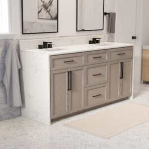 kitchen bath collection palisade 72-inch double bathroom vanity (engineered marble/gray oak): includes gray oak cabinet with engineered marble waterfall countertop and white ceramic sinks