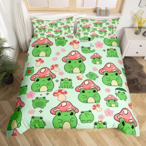 mushroom frog duvet cover set twin size cute mushroom bedding set 2pcs for kids girls boys bedroom decor cartoon animals plants comforter cover pink green quilt cover,1 pillowcase