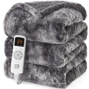 eheyciga electric heated throw blanket twin size faux fur, 10 hours auto shut off 9 heating levels heating blanket for kids, soft warm heated blanket fast heating grey, faux fur & sherpa