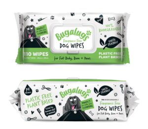 bugalugs dog wipes, 100% plastic free biodegradable pet wipes for full body, eye wipes, ear wipes, bum & paws. 110 sensitive dog grooming wipes for dogs, puppy & cat grooming (fragrance free)