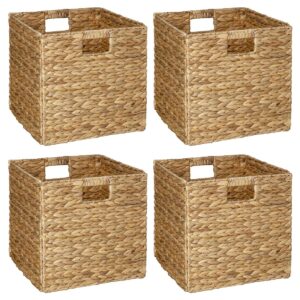 isvie woven hyacinth storage baskets 4 pack, rectangle storage container organizer baskets with built-in handles home organizing laundry organizer cube baskets (natural, set of 4)