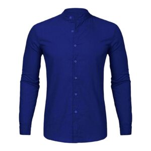 men linen button up dress shirt long sleeve casual cotton beach t shirts stand collar solid color summer yoga tops (blue,xx-large)