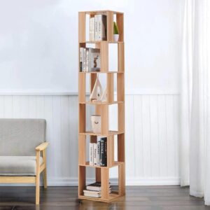 rotating bookshelf,6 tier 360 floor standing revolving bookcase storage rack,wood narrow bookshelf for small space,corner book shelf organizer for bedroom, living room (burlywood)