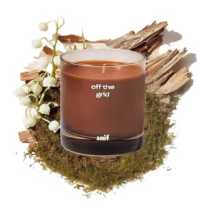 off the grid luxury scented candle by snif, warm and calming candle, 50+ hours, 100% cotton fiber wicks, soy wax blend, non-toxic, vegan, 8.5 oz