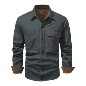 men's long sleeve washed hiking shirts lightweight tactical button down cargo shirts solid slim shirt with pockets (grey,x-large)