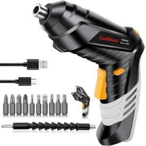 electric screwdriver goldsea 4.2v cordless screwdriver 3.5n.m 1500mah type-c charging 10pcs screwdriver bits 1/4” hex chuck 90°/180° deformation handle forward and reverse adjustment led light