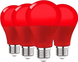 led red light bulb, a19 9w (60w equivalent) red colored light bulb outdoor, e26 base red led lights for party decoration, new year, porch, home lighting, christmas light bulbs, wedding, bar, 4 pack