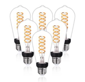 austin coast st19/st58 vintage led edison bulb,6w warm white 2700k, antique flexible spiral led filament light bulb,600lm dimmable with 80+ cri, 6w equivalent to 60w, e26 base, clear glass 6 pack