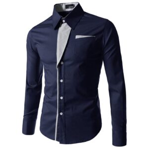 mens long sleeve stylish dress shirts patchwork casual button down shirts turn-down collar shirt top with pockets (dark blue,xx-large)