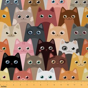 cartoon cats upholstery fabric by the yard, cute cat print decorative fabric for upholstery and home diy projects, kawai animals waterproof outdoor fabric, 1 yard, yellow