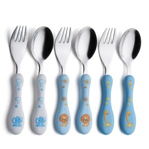 annova kids silverware 6 pieces set children's flatware - stainless steel cutlery - 3 x safe forks, 3 x dinner spoons - safe toddler utensils without knives for lunch box bpa free (blue)