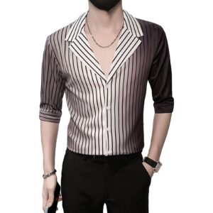 men striped long sleeve button down shirts lightweight printed slim fit shirts classic stylish casual business shirt (black,x-large)