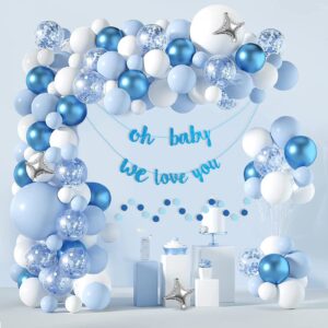 upgraded,105pcs gender reveal baby shower decorations for boy,blue and white birthday balloons garland arch kit, oh baby birthday banner, giltter dots birthday garland+pump+complete accessories