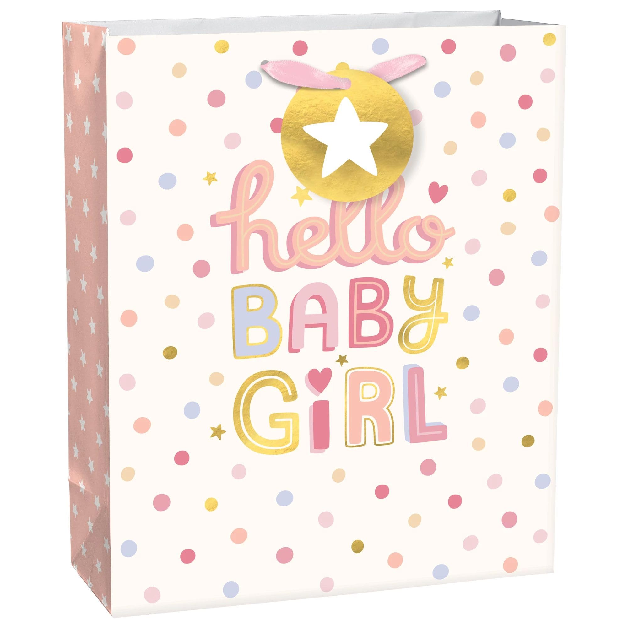 Large Paper Gift Bag with Hang Tag - 13" x 10.5" x 5", 1 Piece - Perfect for Celebrations, Hello Baby Girl Dots