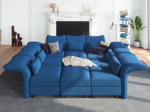 llappuil oversized sleeper sectional sofa couch, 102.2" 9-seater bed shaped modular sectional sofa with storage chaise, high back recliner velvet couches, anti-scratch blue