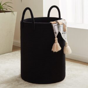 fiona's magic woven rope laundry basket, 58l tall laundry hamper for blanket storage, large baby nursery basket for laundry, decorative clothes hamper for bedroom, living room and bathroom, black