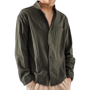 men's linen button down dress shirts long sleeve casual hippie cotton beach t shirts solid color summer yoga tops (armygreen,4x-large)