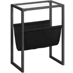 hoobro narrow side table, skinny end table with magazine holder, thin bedside table for small spaces living room, small nightstands bedroom, tempered glass side table,black bk66bz01