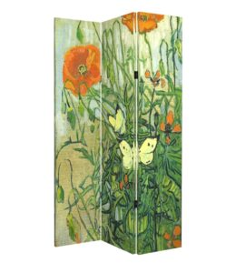 hozuso room divider wood privacy screens van gogh's butterflies and poppies painting canvas 3-panel foldable portable separating divider room partitions freestanding home decor 71'' high