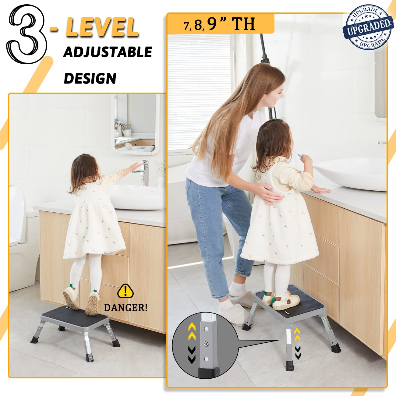 Double Elite 3 Levels Adjustable Folding Step Stool, Safer Metal Step Stools for Kids/Adults/Elderly, Kitchen RV Step Stool Heavy Duty, Small Stepping Stool Bed Bathroom,Foldable Foot Stool under Desk