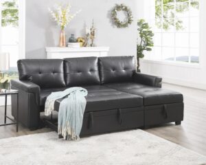 naomi home jenny sectional sofa sleeper with storage chaise, tufted pull out couch with storage, sectional sofa bed, l-shaped reversible sleeper sofa with storage, black,air leather