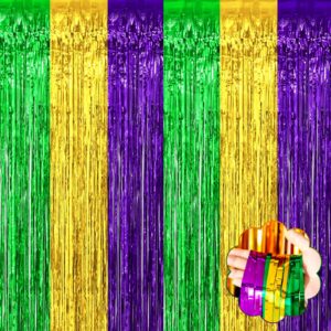 8 pack mardi gras tinsel foil fringe curtain backdrop, 3.28ft x 8.2ft gold green purple metallic streamers for photo booth birthday wedding bridal shower bachelorette party valentine's day decoration