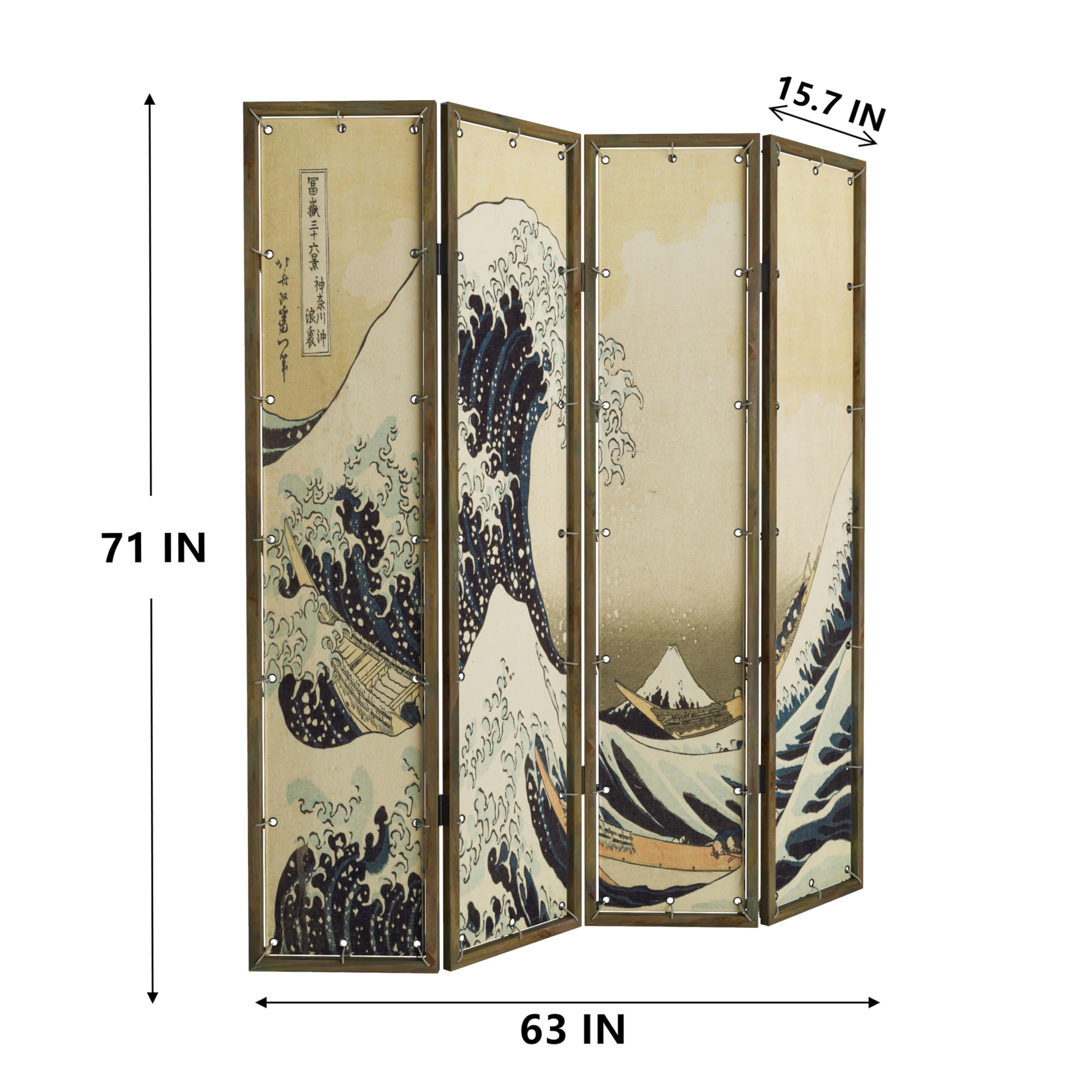 HOZUSO Room Divider 4 - Panel Folding Room Divider Single Side Japanese Ukiyoe Painting Wood Privacy Screens Foldable Portable Room Separating Room Partitions Freestanding Home Decor 71'' High